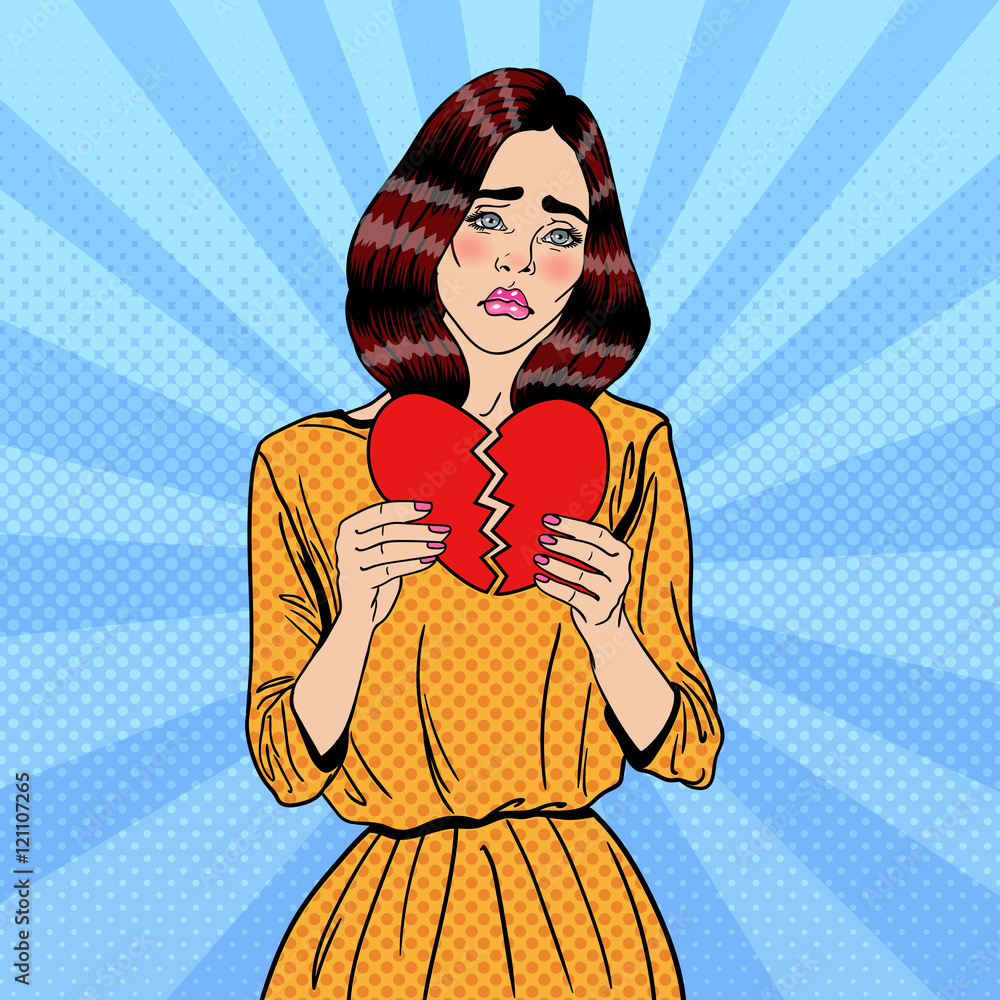 Sad Unhappy Pop Art Woman Tearing Paper Red Heart. Vector illustration ...
