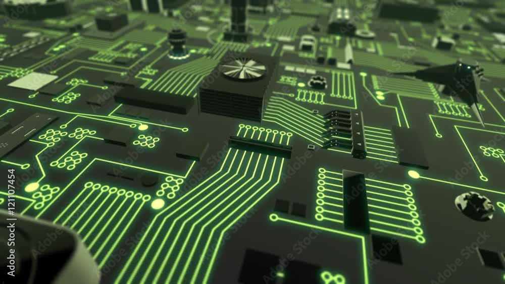 Seamless looping 3D animation of a illuminated futuristic circuit board ...