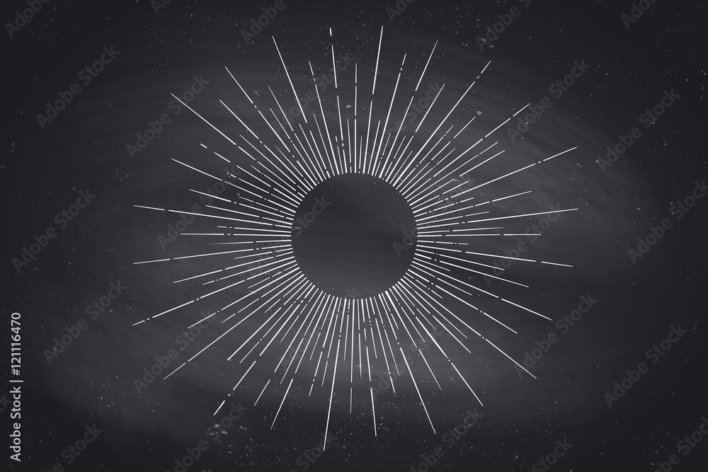 Light rays, sunburst and rays of sun on black chalkboard. Linear ...