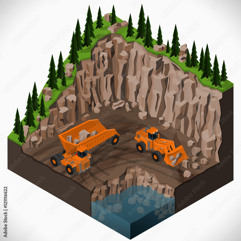 Vector isometric illustration of a mining quarry, heavy-duty dumper and ...