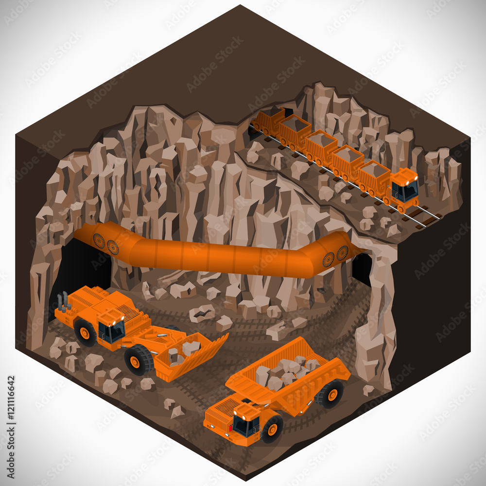 Vector isometric illustration of a underground mining quarry ...
