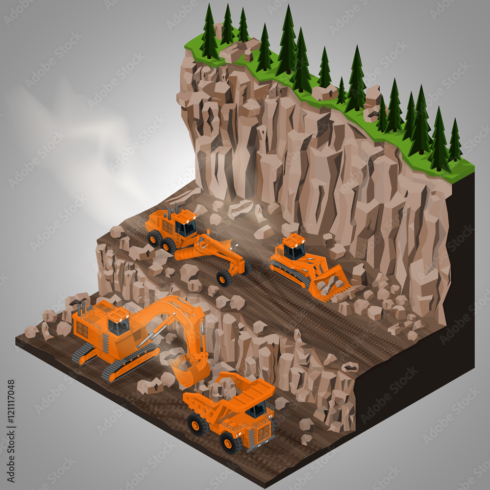 Vector isometric illustration of a mining quarry, heavy-duty truck ...