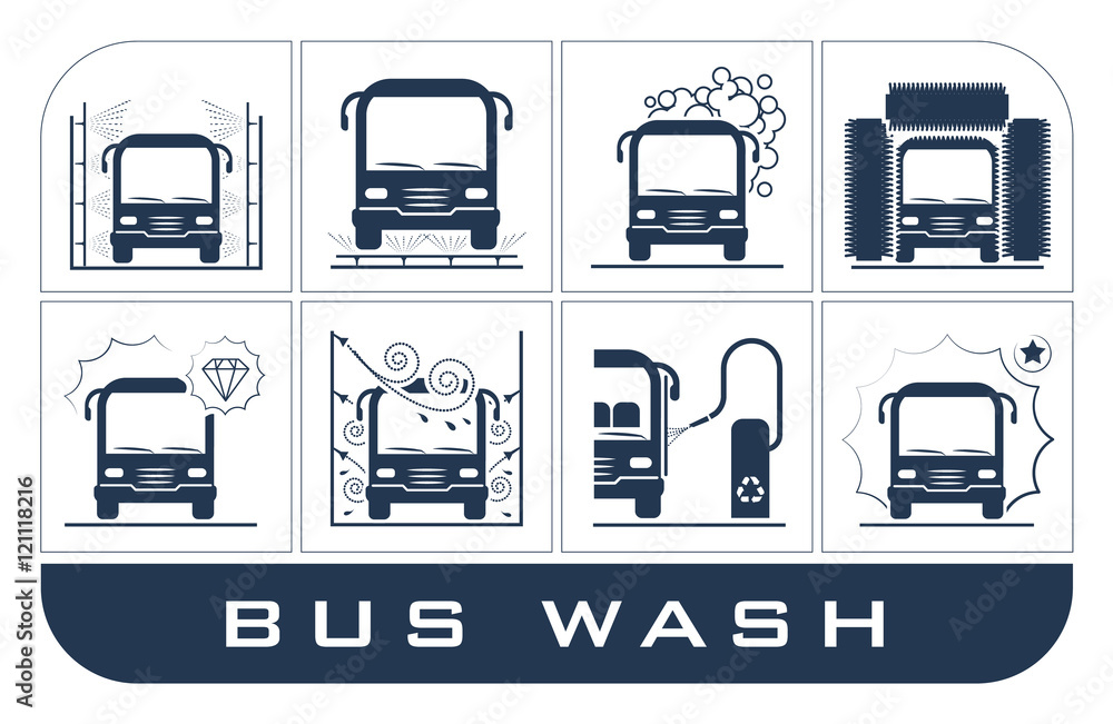 Set of bus washing icons. Collection of very useful icons presenting ...