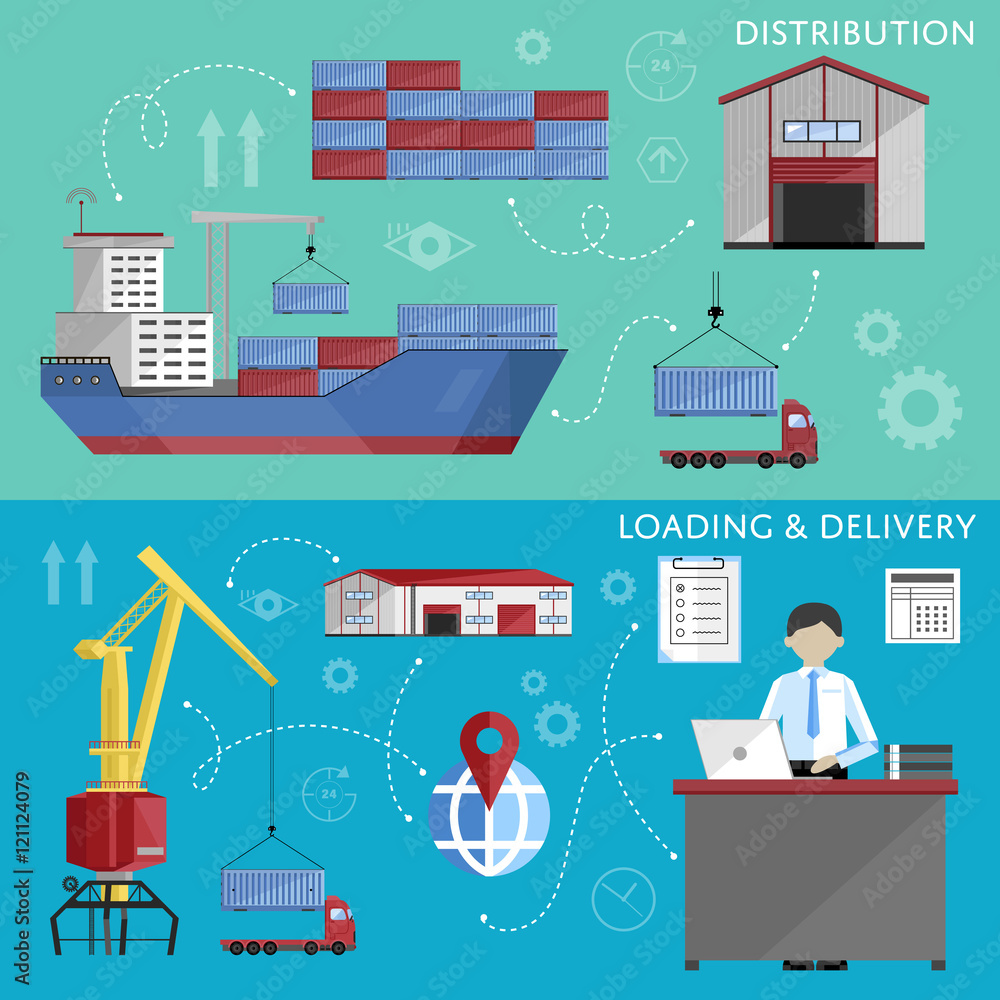 Sea port design concept set with container cargo and shipment flat ...