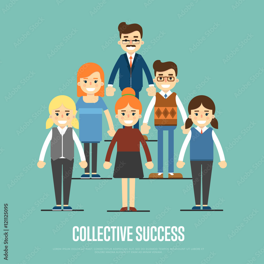 Group of smiling and young cartoon business people stand on blue ...