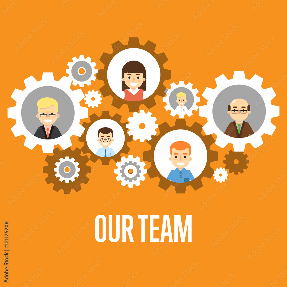 Smiling people characters in round gear icons on orange background. Our ...