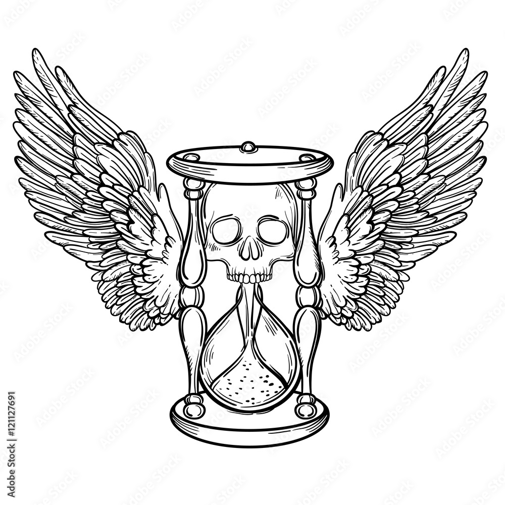 Decorative antique death hourglass illustration with wings and skull ...