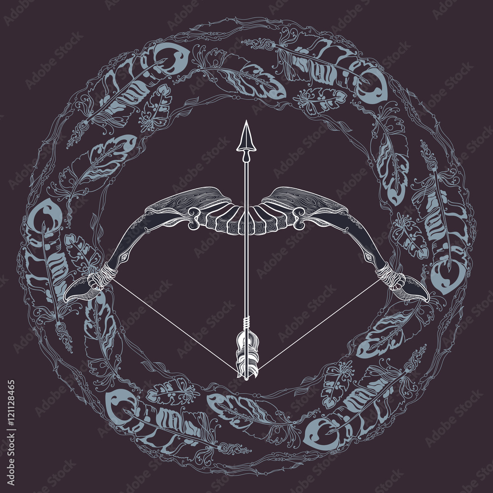 Hand drawn bow, arrow and feathers on dark background. Stock Vector ...