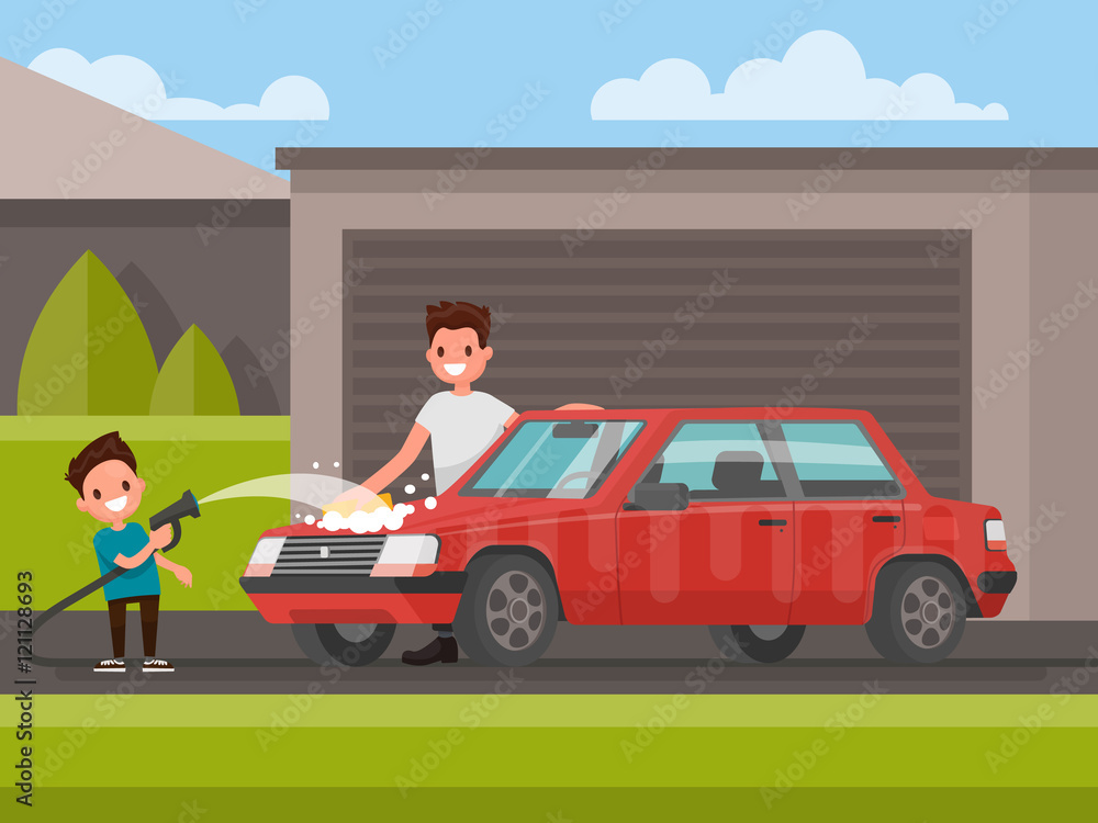 Washing of car outdoors. Father and son are washing car. Vector Stock ...