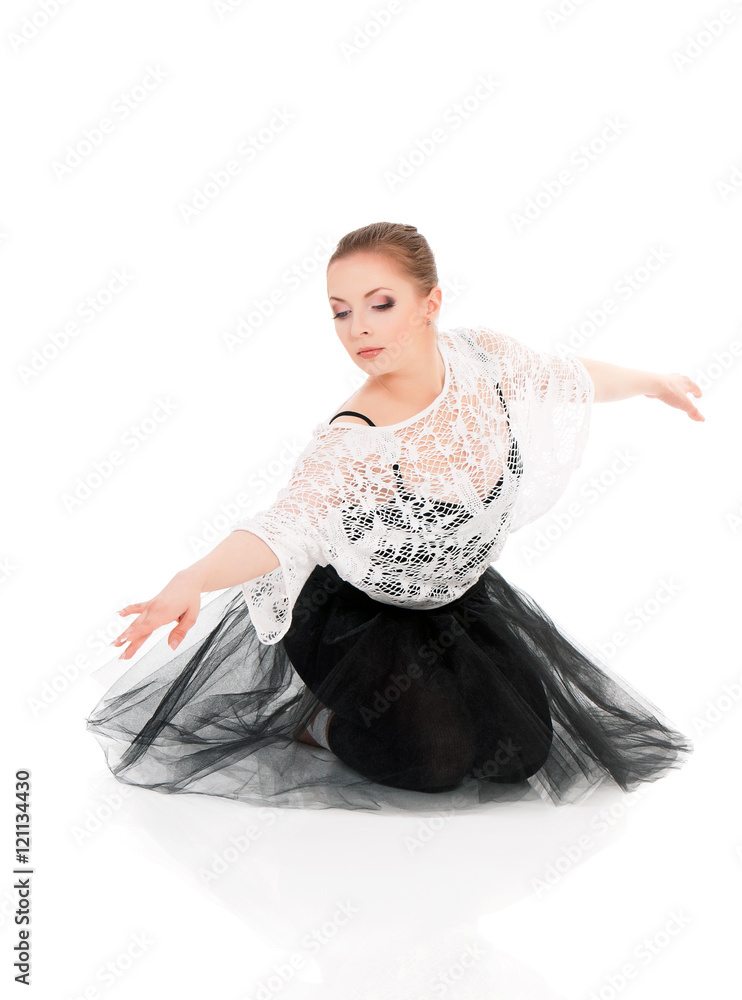 Full length portrait of young beautiful dancer posing on isolated white ...