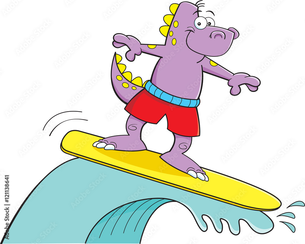 Cartoon illustration of a dinosaur surfing. Stock Vector | Adobe Stock