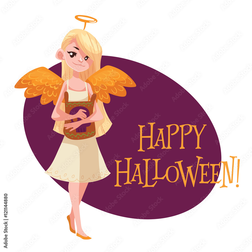 Happy girl dressed as angel for Halloween, cartoon style vector ...