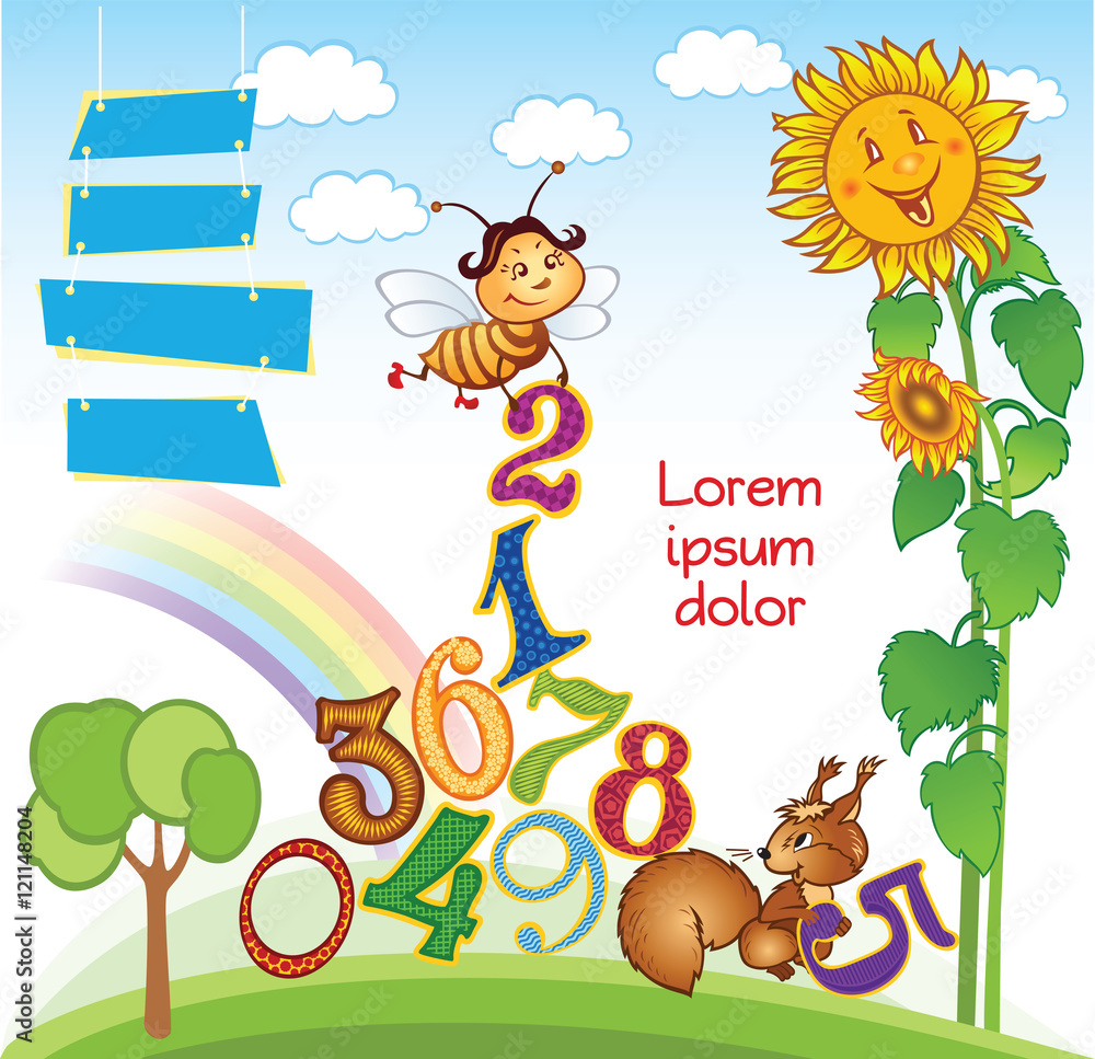 Cartoon kid template with Numbers and smiling sun Stock Vector | Adobe ...