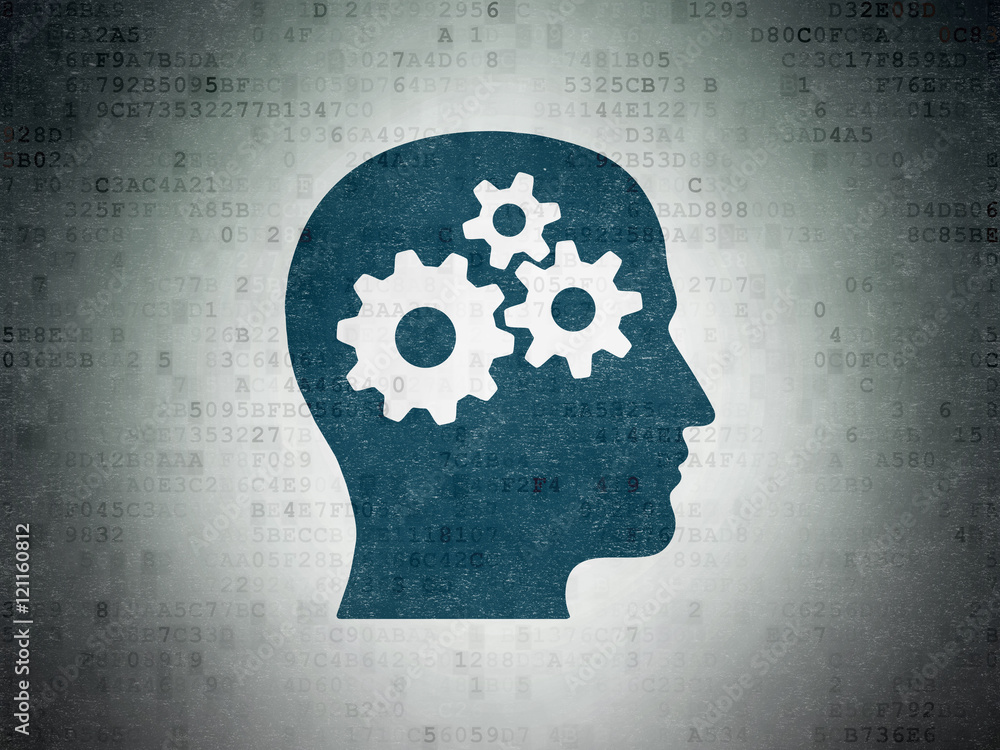 Learning concept: Head With Gears on Digital Data Paper background ...
