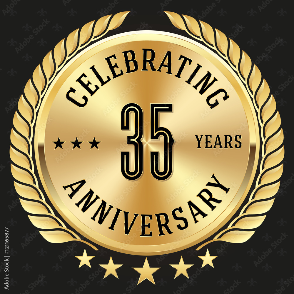Gold celebrating 35 years badge, button on black background Stock ...