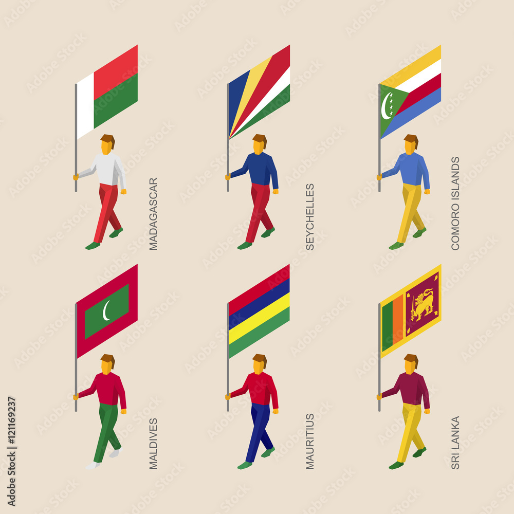 Set of isometric 3d people with flags of countries in Indian oce Stock ...