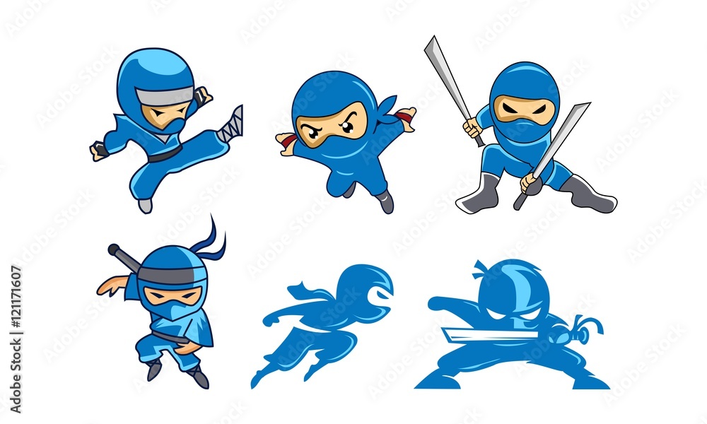 Set Bundles Blue Ninja Character Logo Stock Vector | Adobe Stock