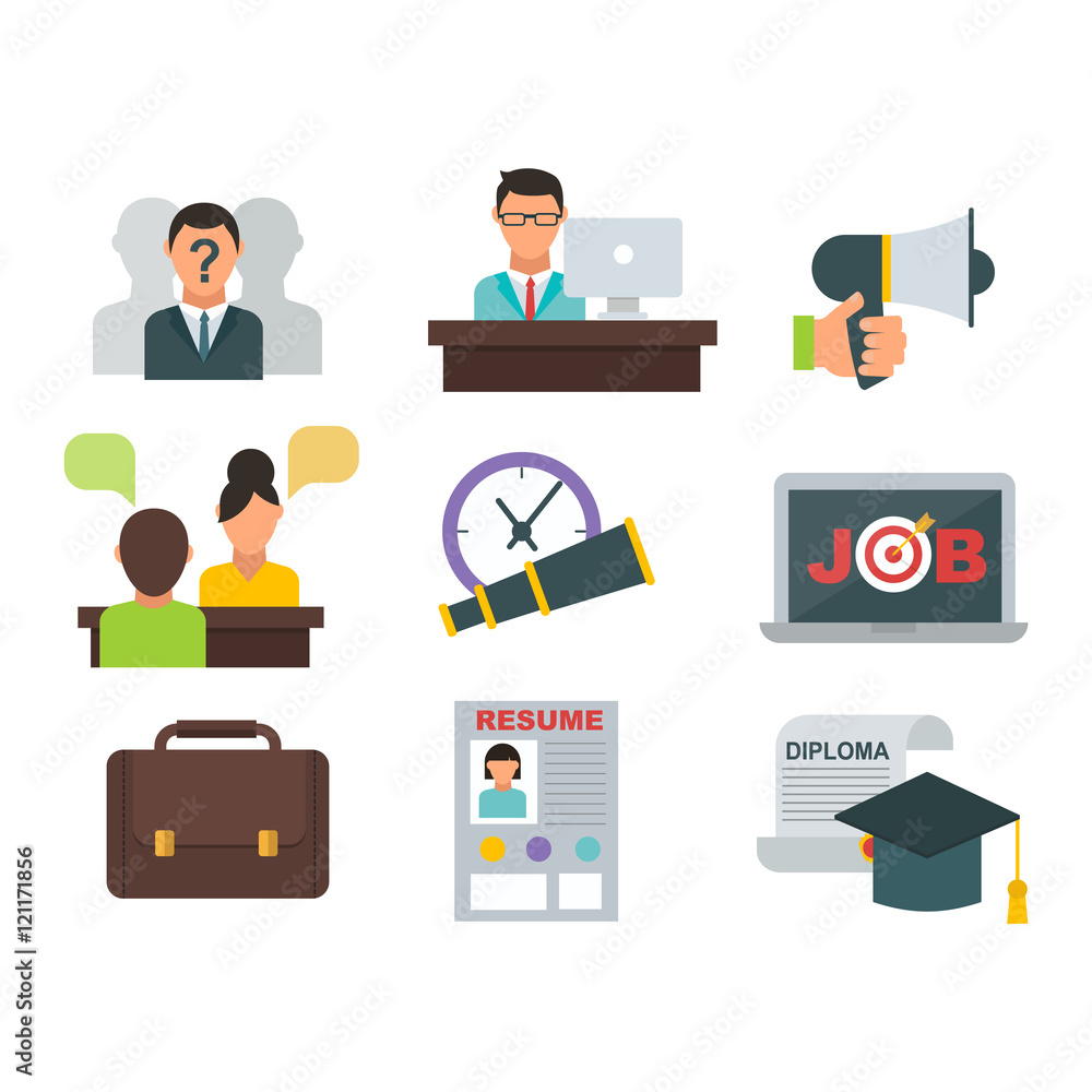 Vector job search icon set computer office concept. Human recruitment ...