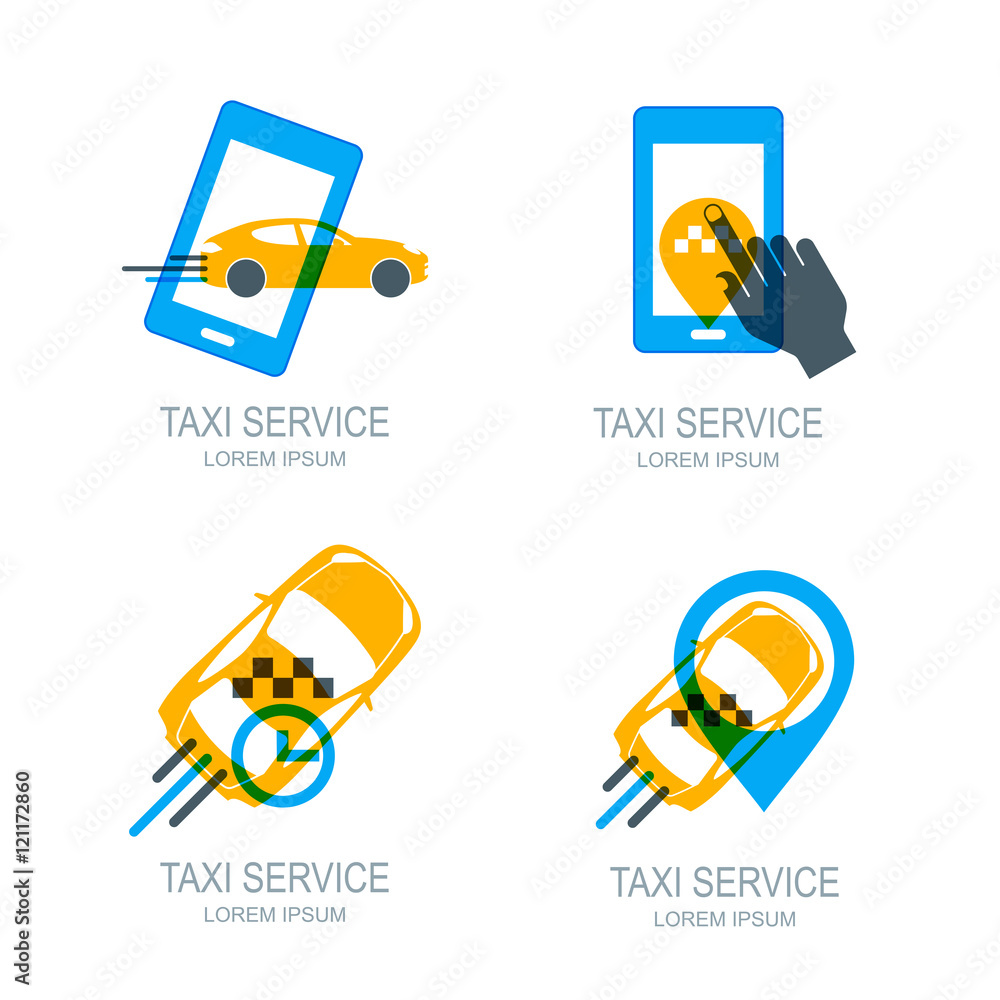 Set of vector online taxi service logo, icons and symbol. Human hand ...