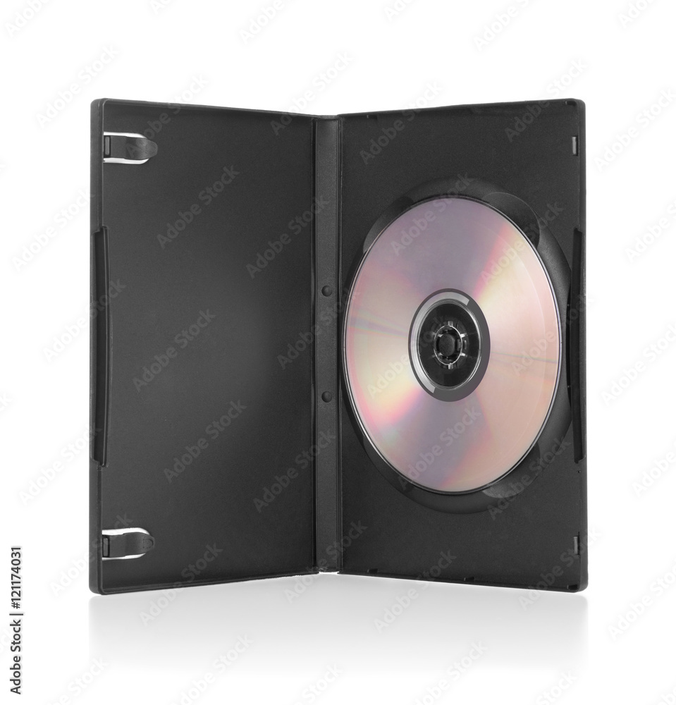 Black DVD box with disc inside on white background Stock Photo | Adobe ...
