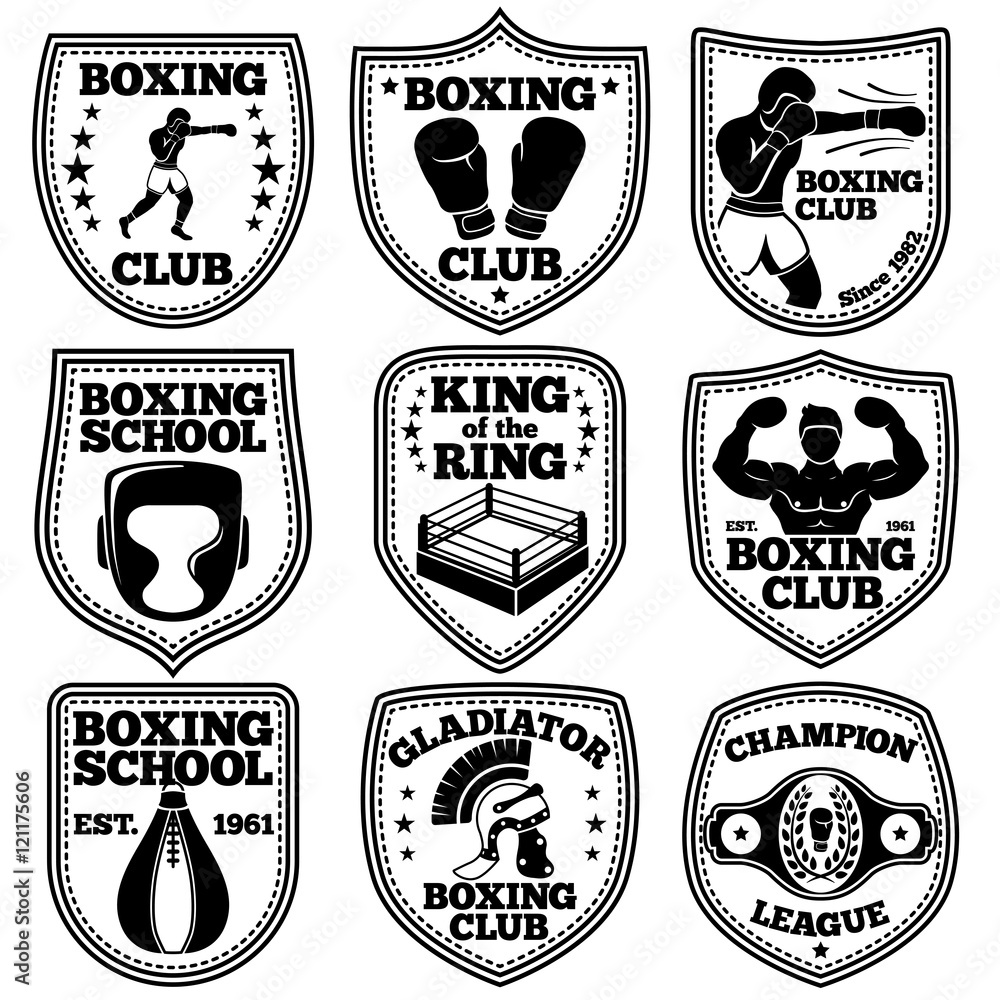 Boxing labels vector set. With boxer, gloves, punchbag, winner belt ...