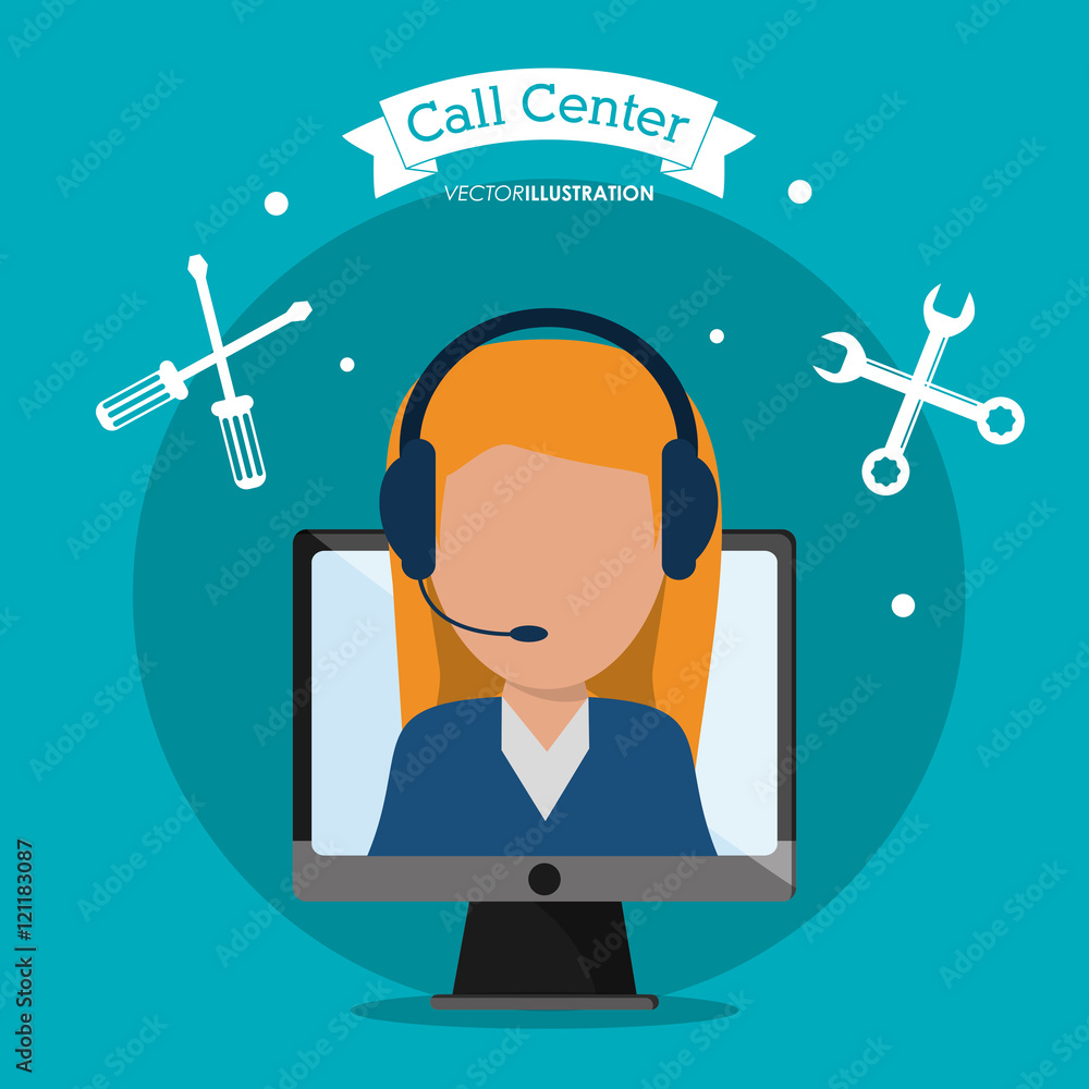 Opeartor woman with headphone and computer icon. Call center and ...