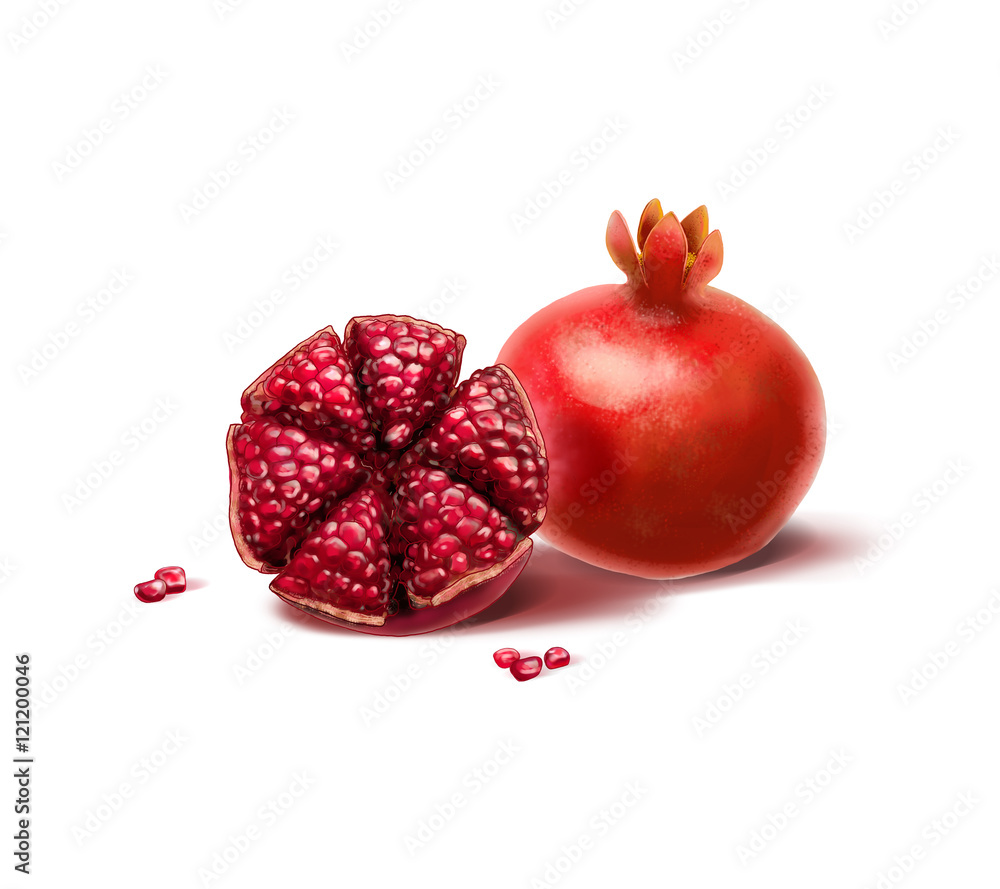 Pomegranate with seeds on white background. Pomegranate fruit. Shana ...