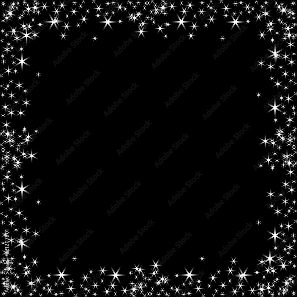 Vector square frame with white stars on the black background, sparkles ...