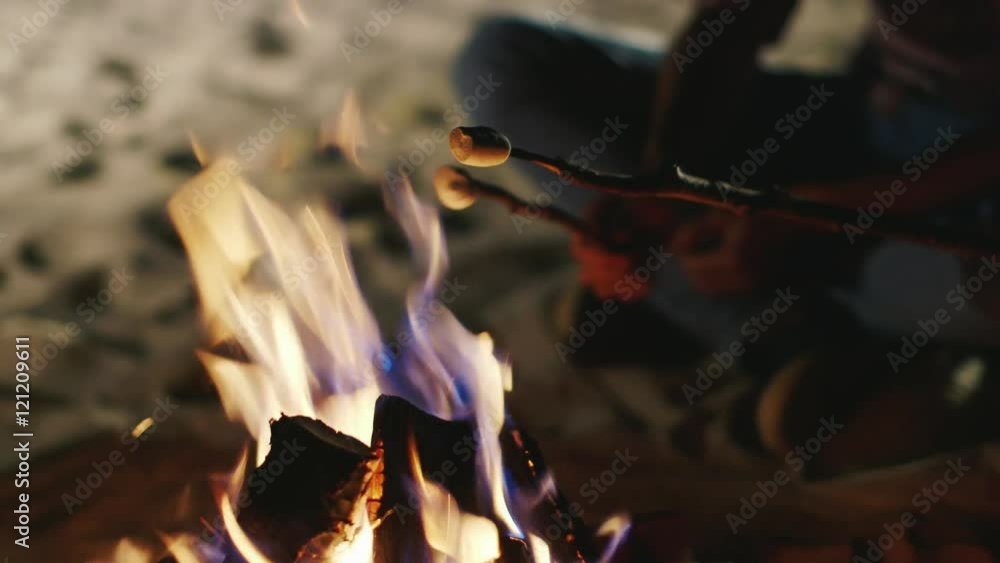 Hands holding a stick with a marshmallow over the fire Stock Video ...