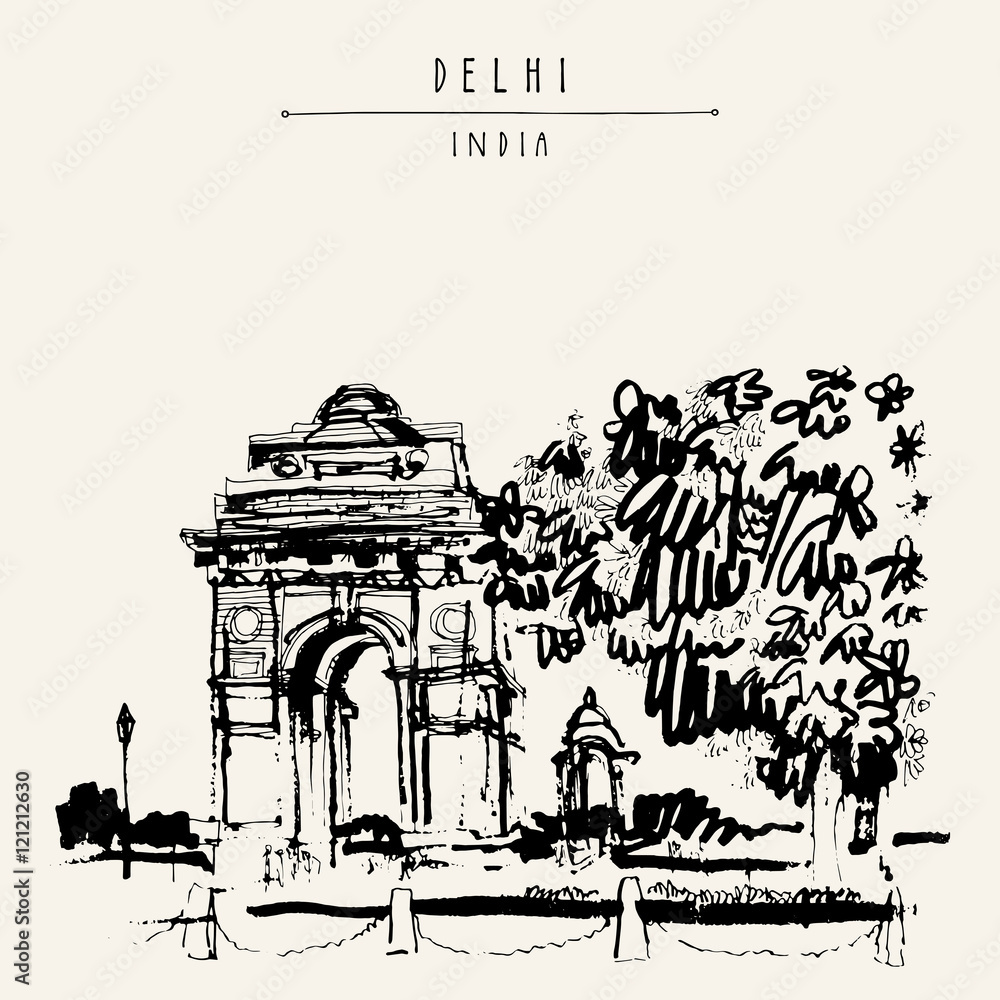 View of India Gate in Delhi, India. Vintage hand drawn postcard Stock ...
