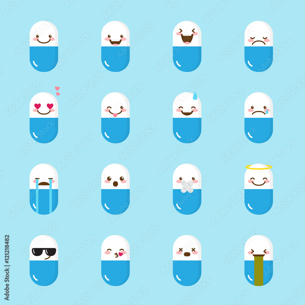 Vector medicine pill emoji set. Funny emoticons. Stock Vector | Adobe Stock