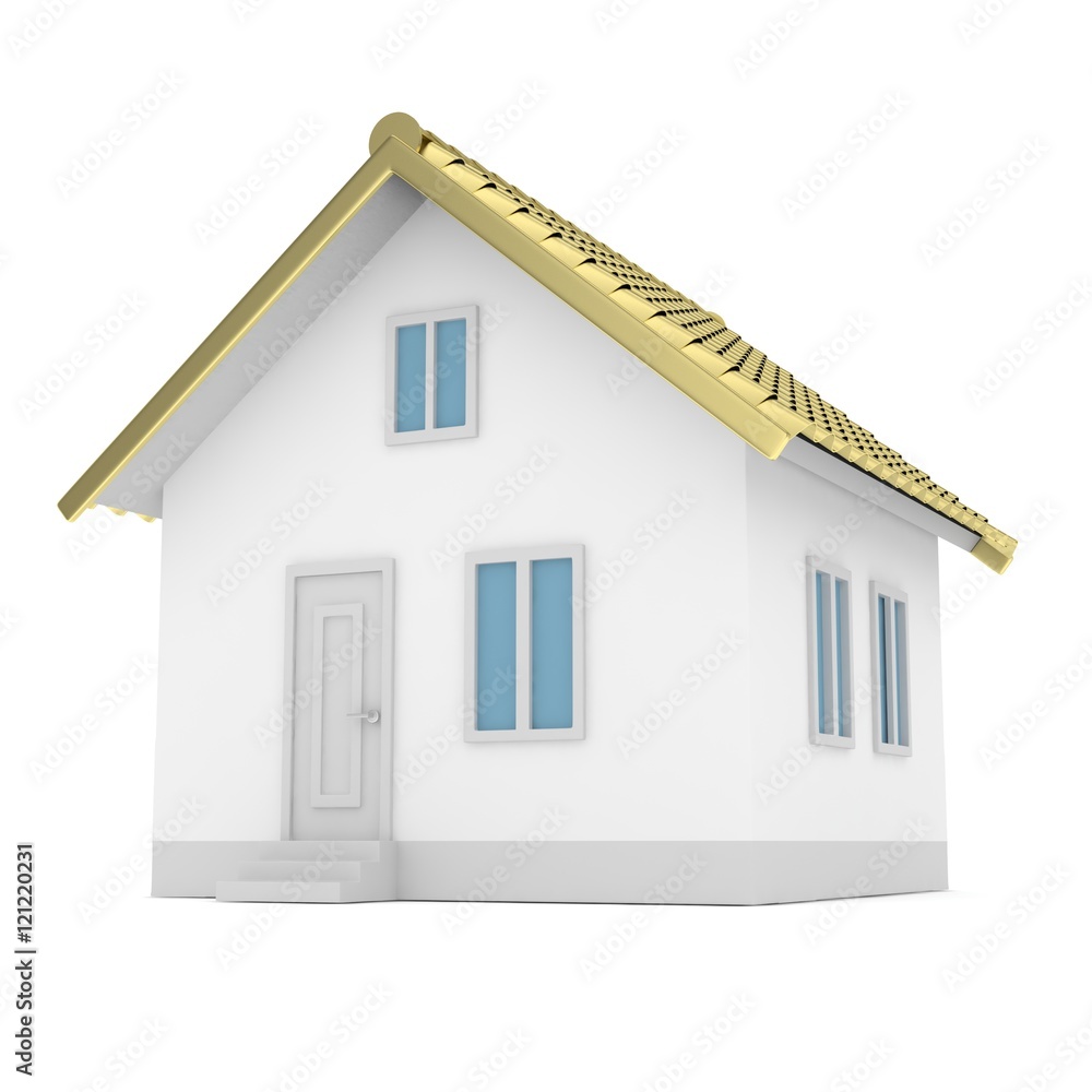 White simple house with golden roof on white background. Concept of ...