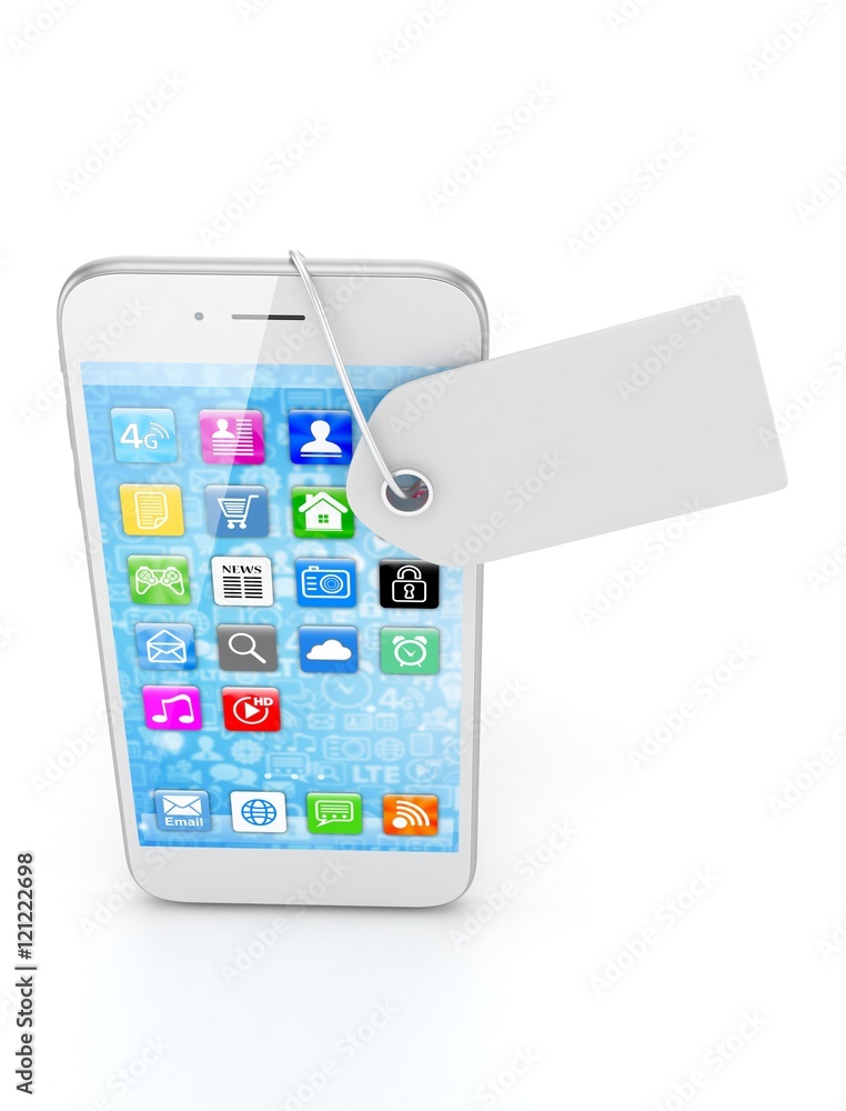 White smart phone with white price tag on white background ...