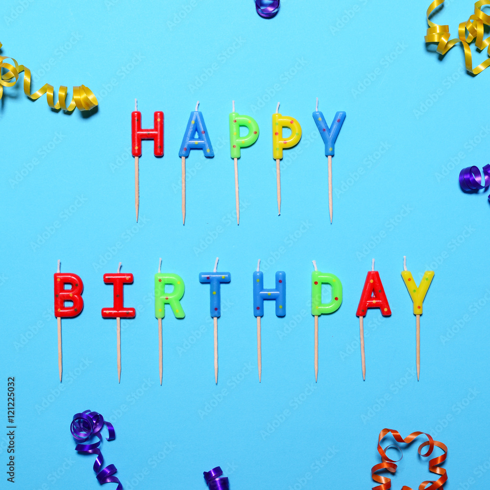 Happy Birthday flat lay party decorations on blue background Stock ...