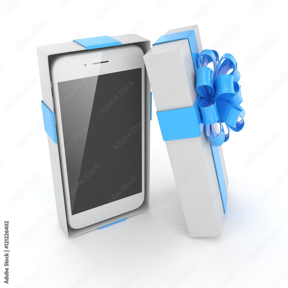 Smartphone in gift box. Isolated on white background. 3d rendering ...