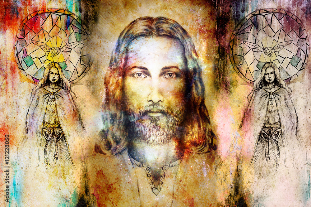 Jesus and beautiful angel being with dove and sprig, spiritual concept ...