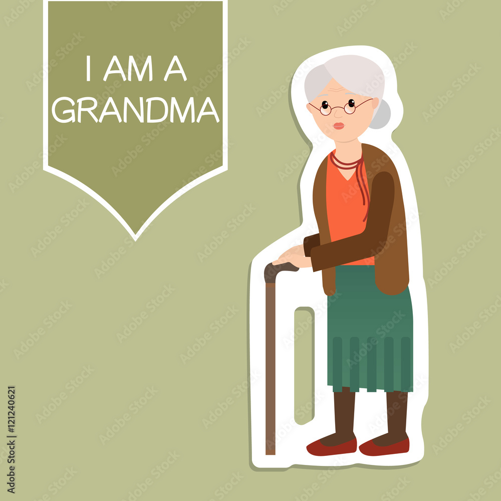 Grandma standing full length with walking stick smiling. Old woman ...
