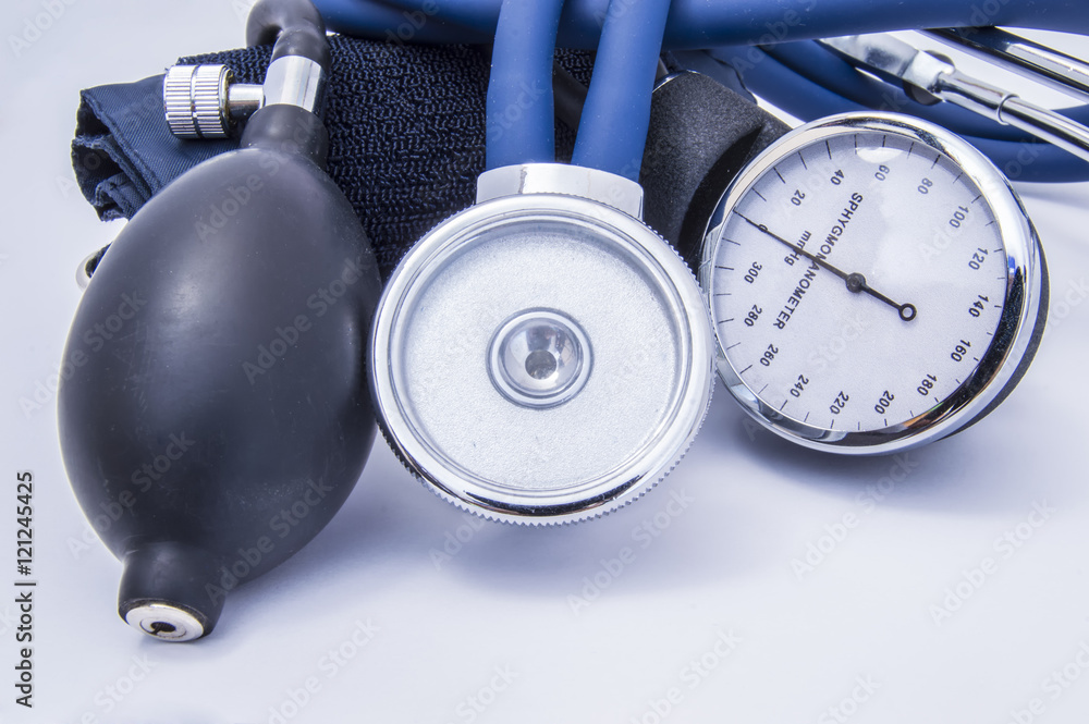 Foto de Phonendoscope or stethoscope with chrome large chest piece, sphygmomanometer dial, bulb ...