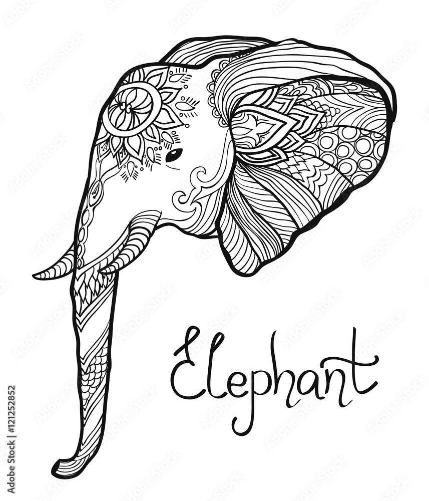 elephant head hand drawn tangled illustration. coloring page for adult ...