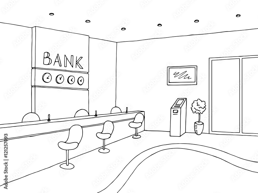 Interior bank graphic art black white sketch illustration vector Stock ...