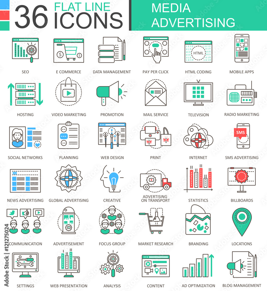 Vector Media advertising modern color flat line outline icons for apps ...