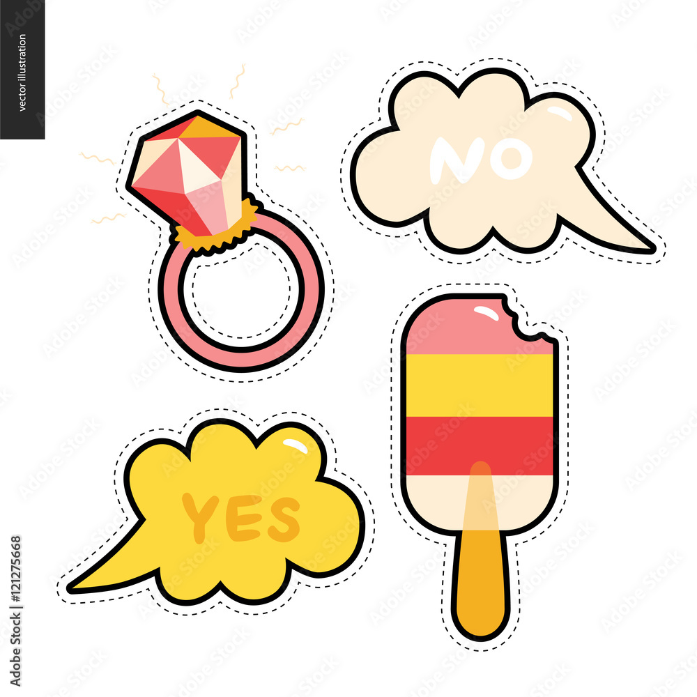 Popsicle and ring patches, hand drawn vector stickers set. A set of ...
