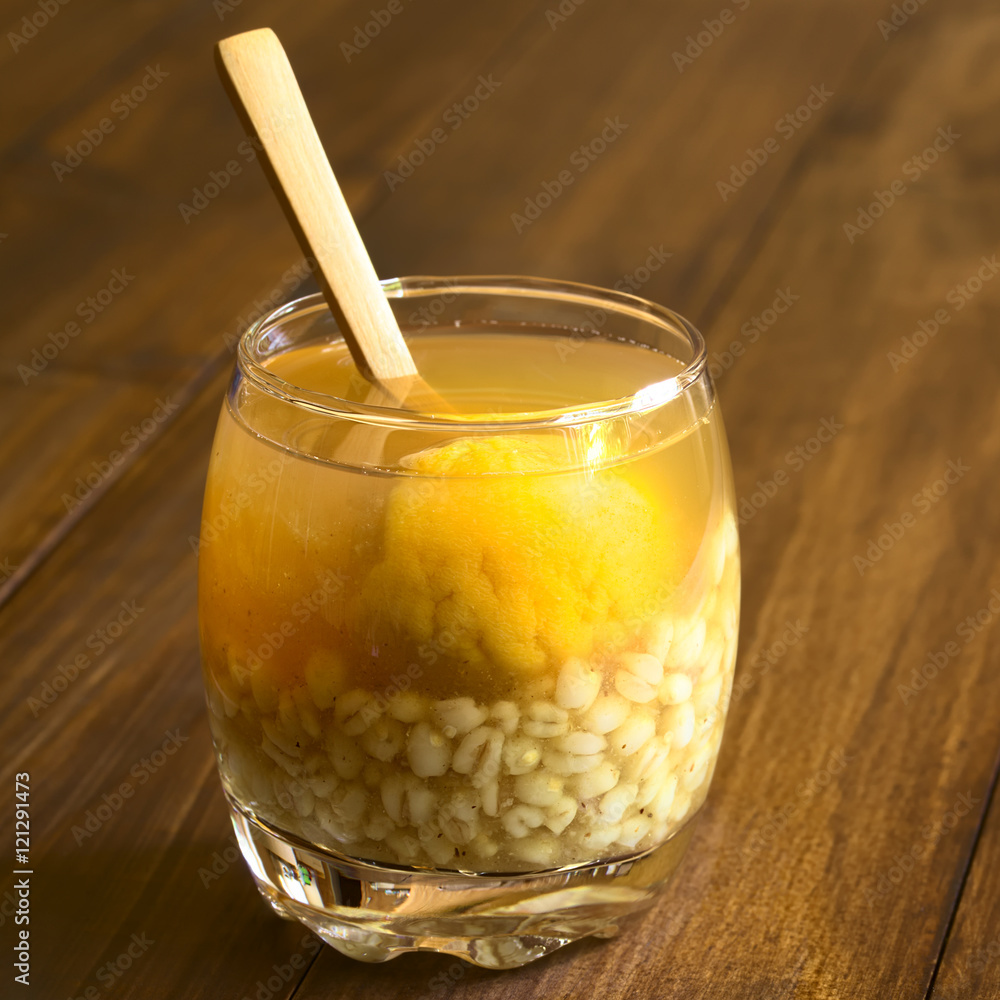 Traditional Chilean summer drink called Mote con Huesillo, made of ...