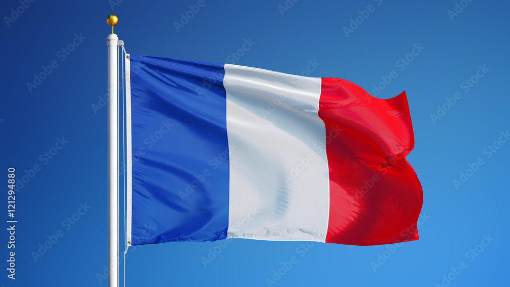 France flag waving against clean blue sky, close up, isolated with ...