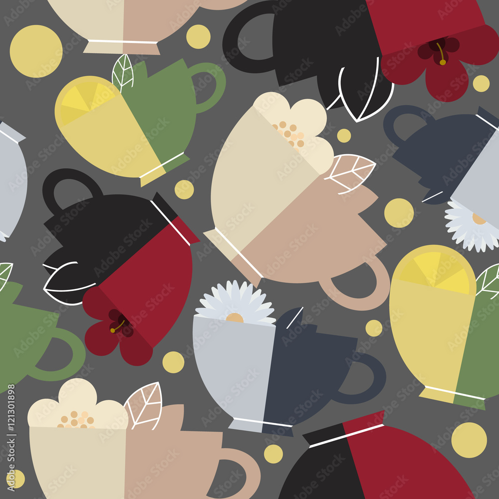 Seamless pattern with cups of tea. Four kinds of tea. Vector ...