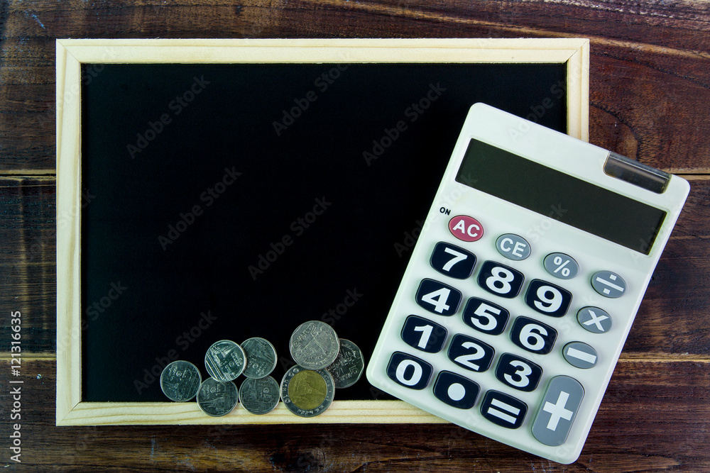 Blank blackboard, calculator and coin.Template mock up for addin Stock ...