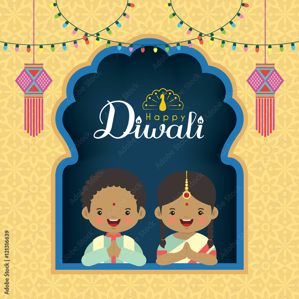 Diwali / Deepavali vector greeting illustration. Cute indian kids with ...