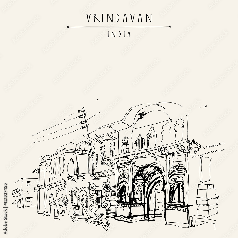 A street in the holy city of Vrindavan, India. Sacred Krishna place ...