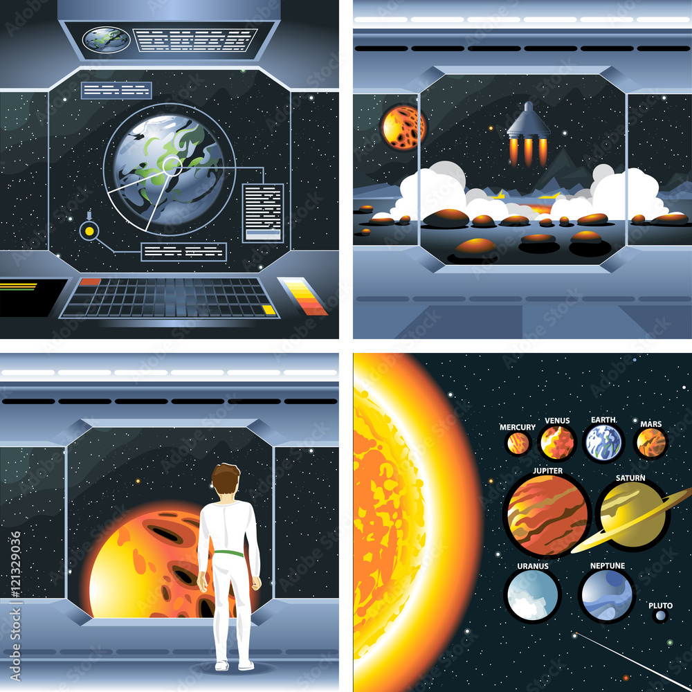 Digital vector silver cosmos ship icons set with solar system, shuttle ...