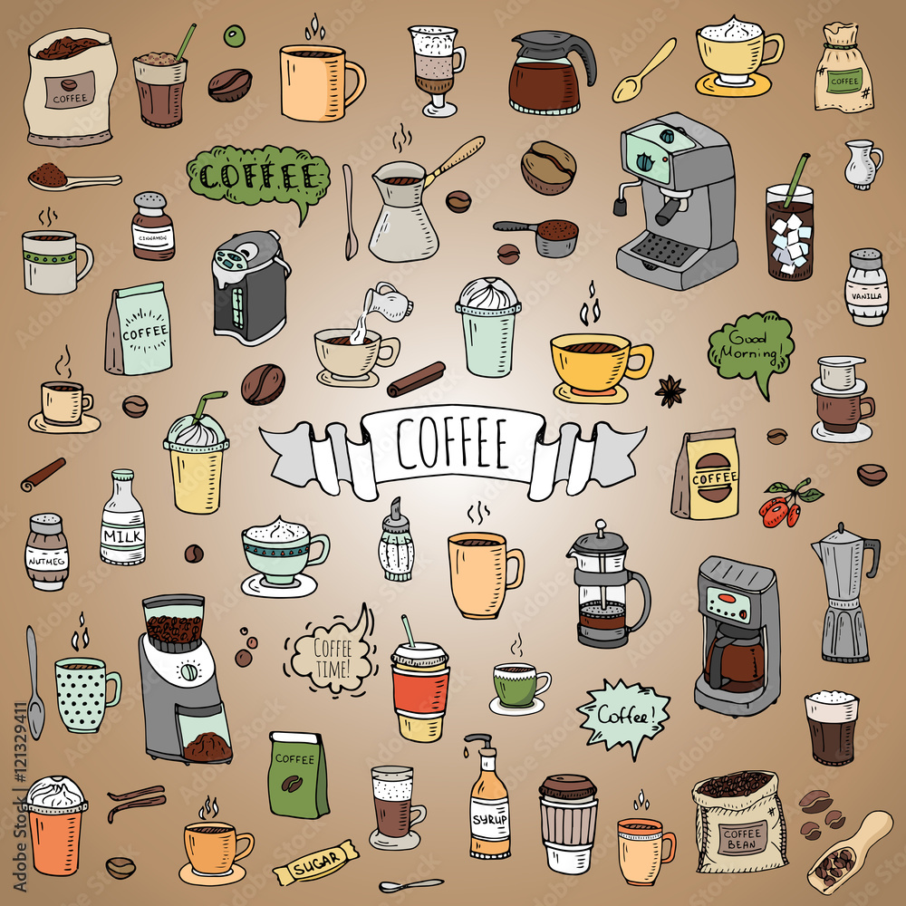 Hand drawn doodle Coffee time icon set Vector illustration isolated ...